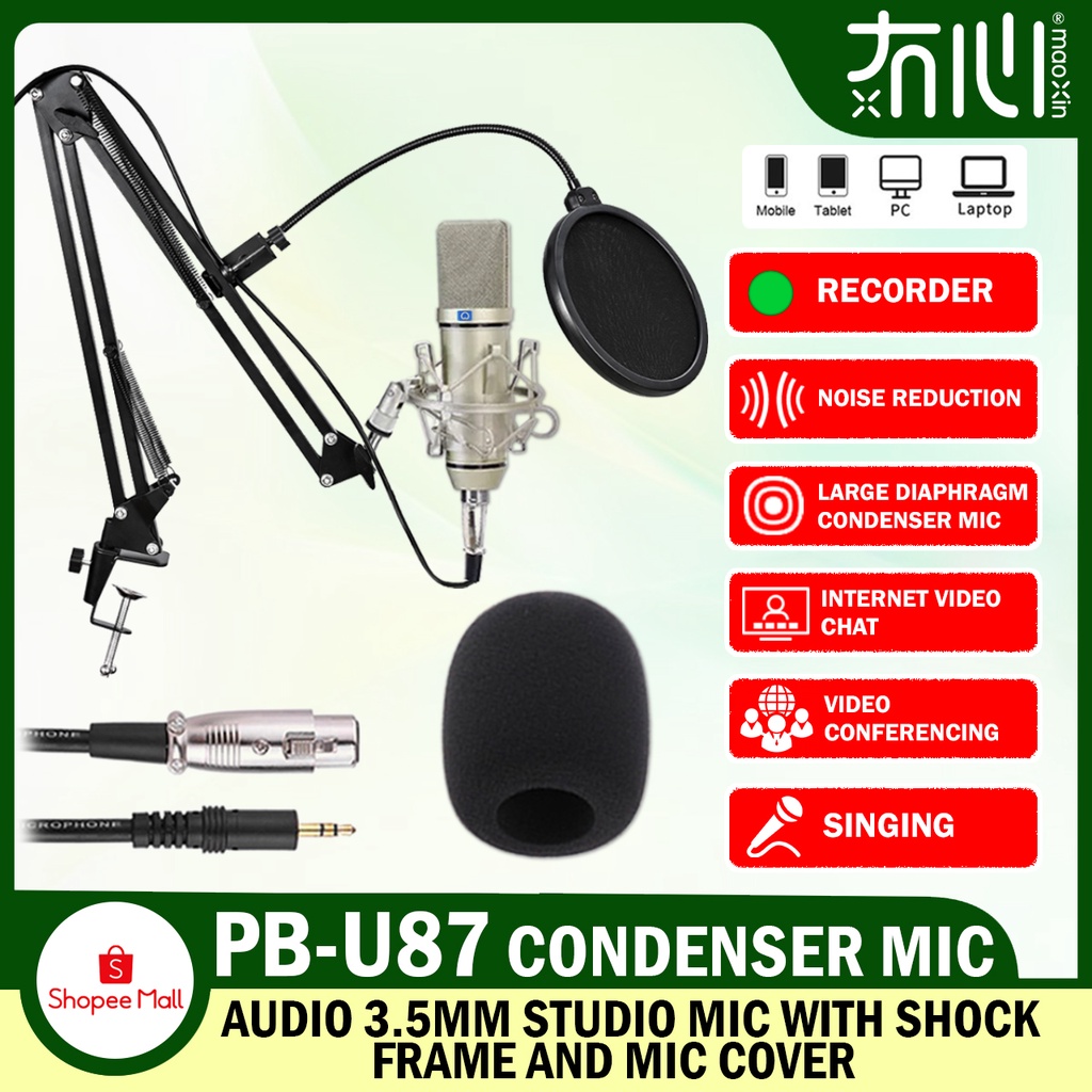 PB-U87 Condenser Microphone Kit W/ Adjustable Mic Suspension Scissor ...