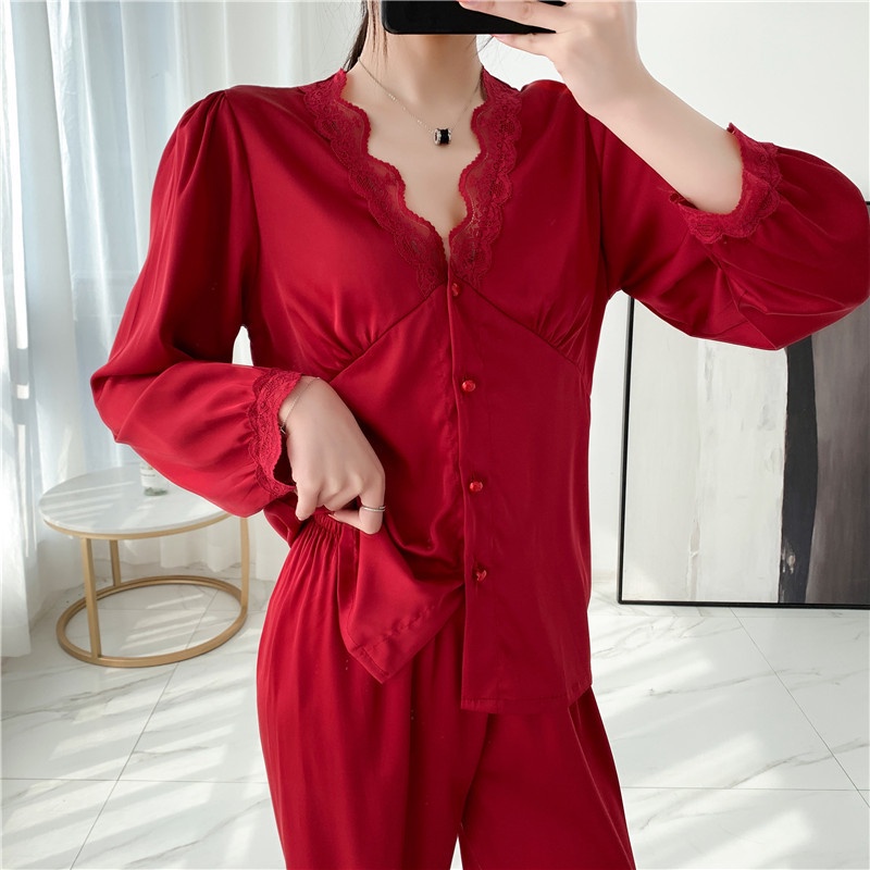 Women Long Sleeve Suit Lace Set Pajama Ice Silk Sleepwear | Shopee ...