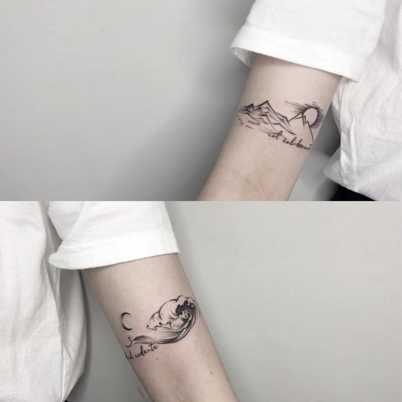 Bagong madilim na ipininta ng kamay na araw, buwan, bundok at dagat na ...