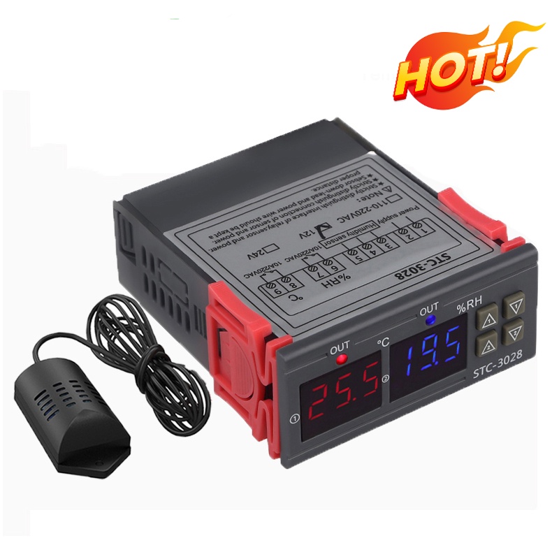 STC-3028 12V/24V/110-220V 10A Dual Digital Temperature Humidity Controller Thermostat with NTC ...