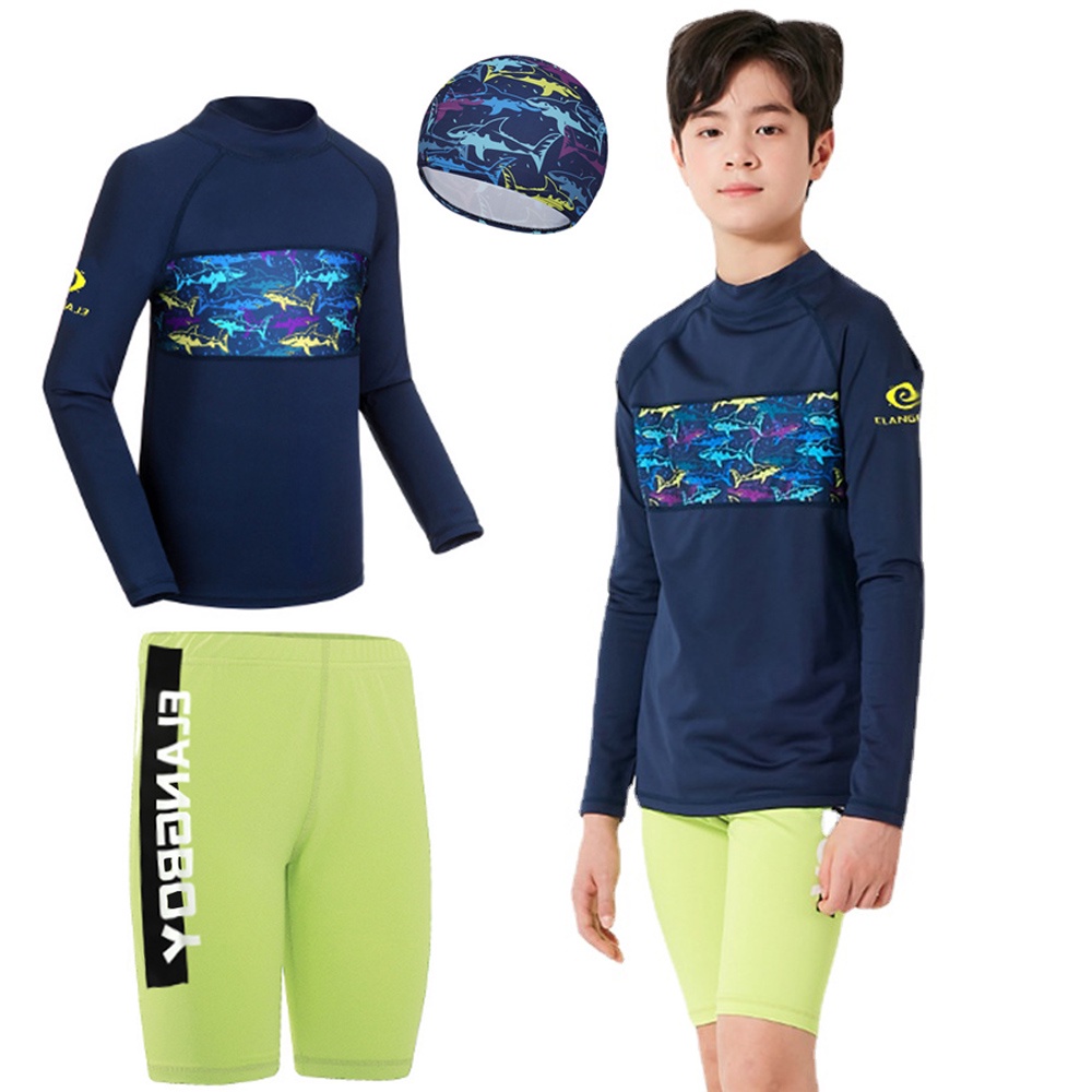 Boys Swimwear with Swim Cap Quick Dry Long Sleeve Shark Siwmming Suit ...