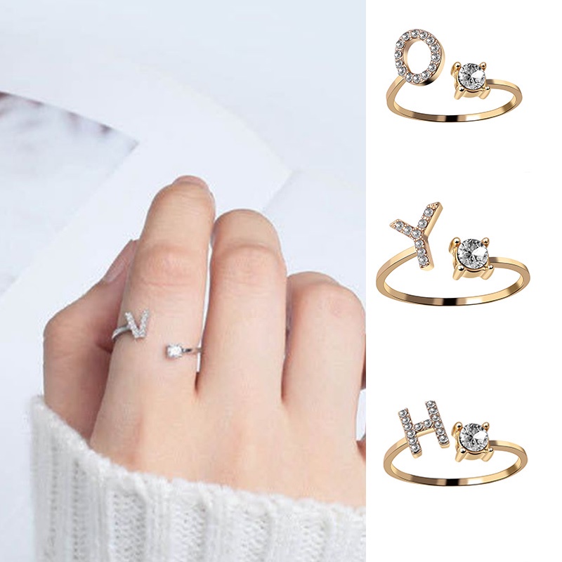 A-Z Letter Gold Silver Color Metal Adjustable Opening Rings for Women ...