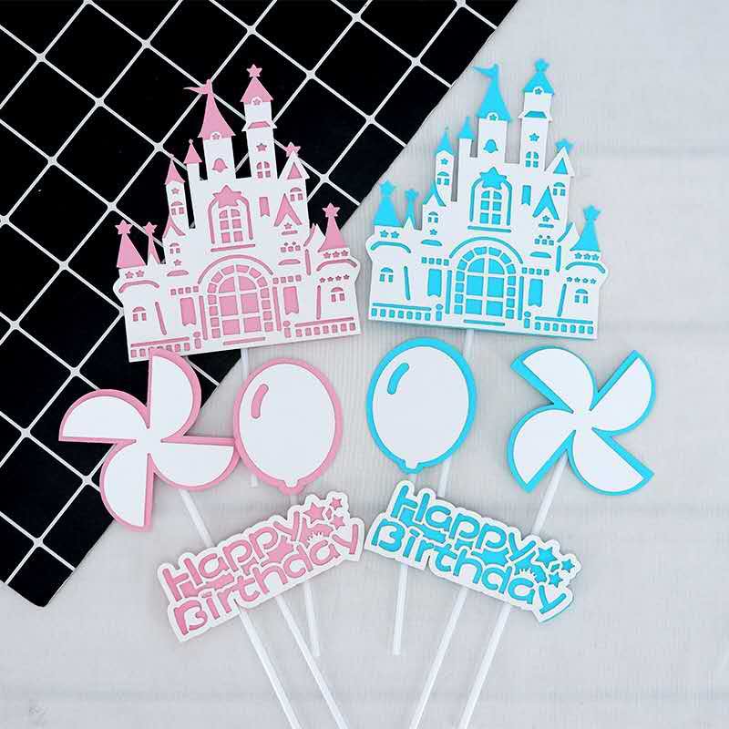 Pink Blue castle kite paper card cake topper plug-in baking props ...