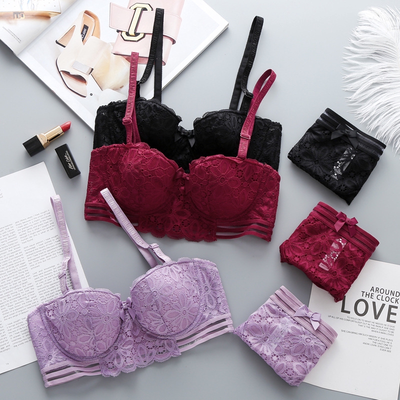 [vigny Core] 〖 Set 〗 Big Cup Sexy Lace Small Breasts Push Up Half Cup Thin Cotton Padded Bra Bra ...