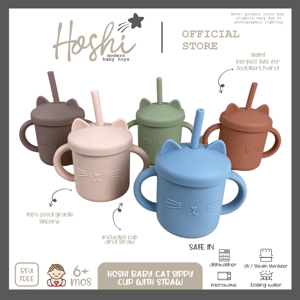 Hoshi Baby Cat Design Silicone Training Sippy Straw Cup with Handle BPA ...