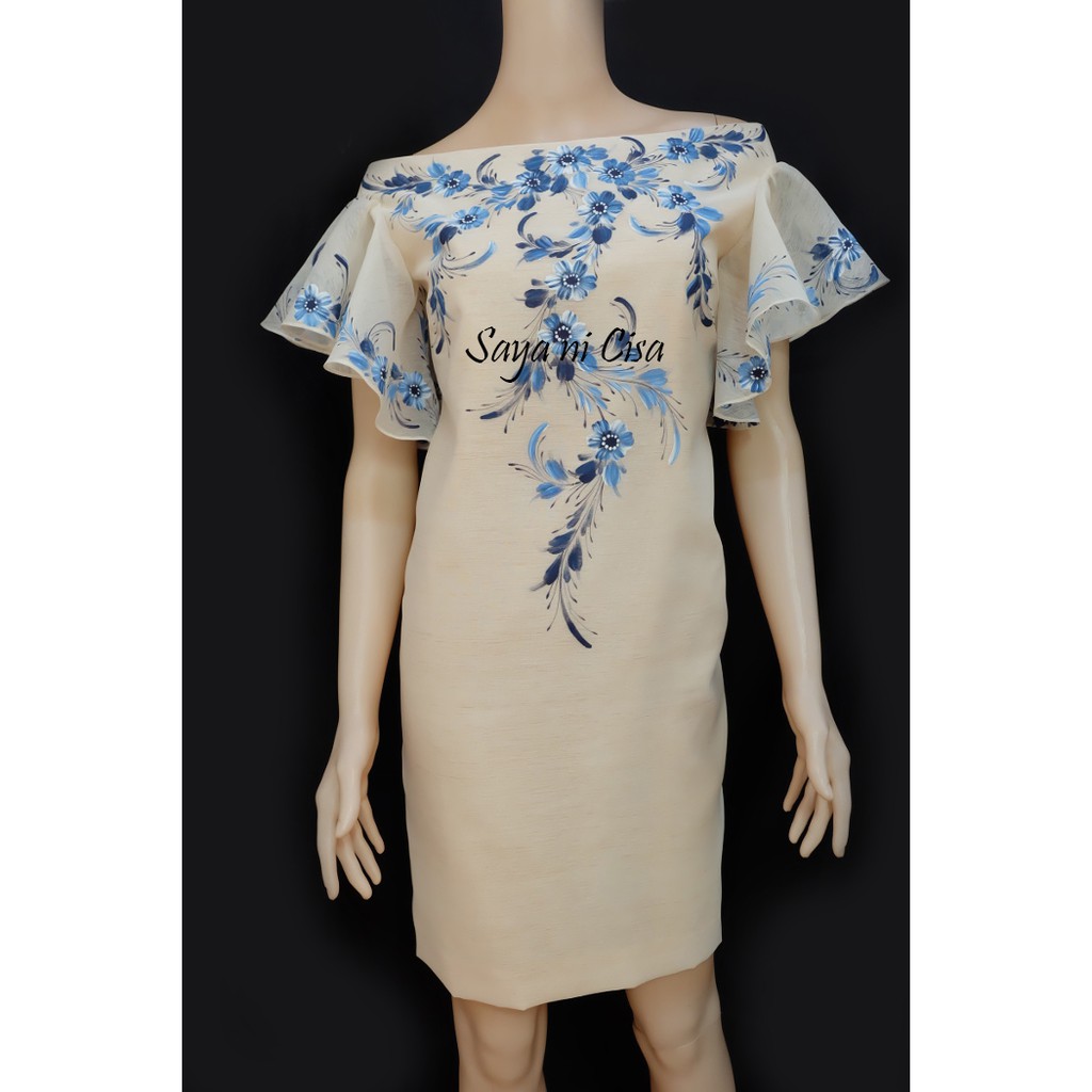 Filipiniana Off Shoulder Dress (Blue Paint) | Shopee Philippines