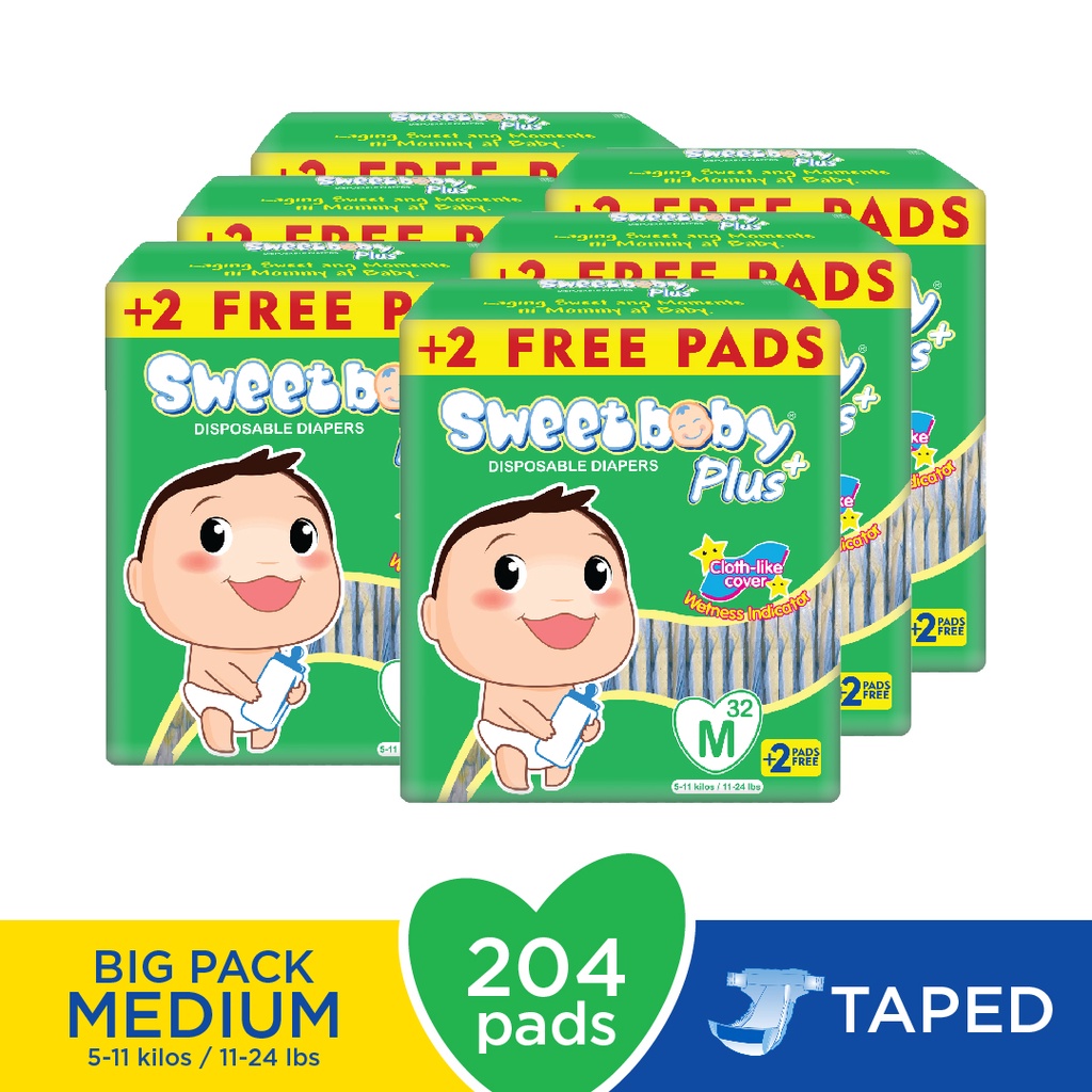 Sweetbaby Plus Taped Disposable Diaper Medium 32 + 2 Pads x 6 (Big Pack ...