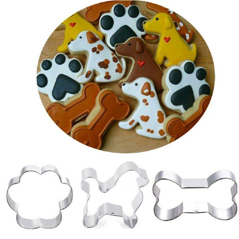 3Pcs Stainless Steel Cake Cutter Puppy Dog Bone Paw Shape Cookie Baking ...