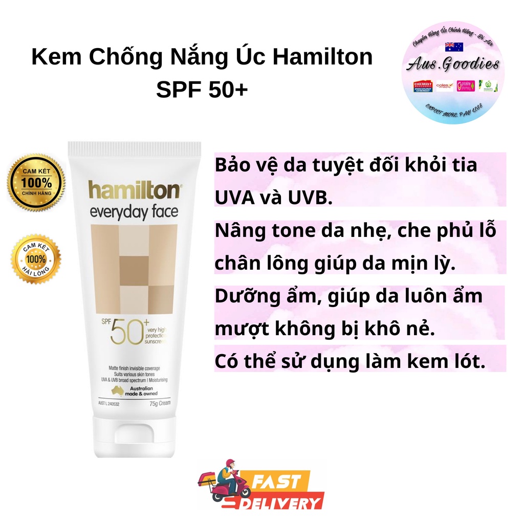 Hamilton Australian Sunscreen SPF 50+ Everyday Face Cream 75g | Shopee ...
