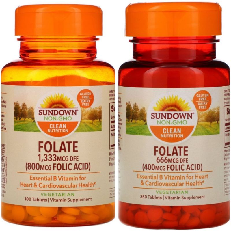 Sundown Folate 666/1333mcg DFE, Folic Acid 400/800mcg - 100/350 Veggie ...