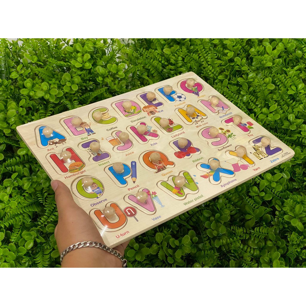 Wooden Peg Puzzle Embossed Alphabet English Letters With Colorful Words ...