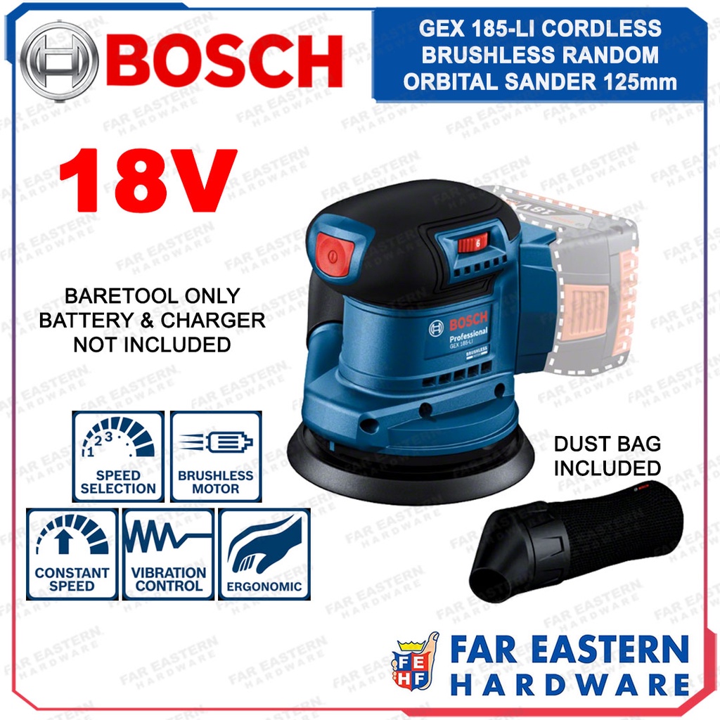 BOSCH GEX 185-LI 18V Cordless Brushless Random Orbital Sander (BARETOOL)125mm RBPT18 | Shopee ...