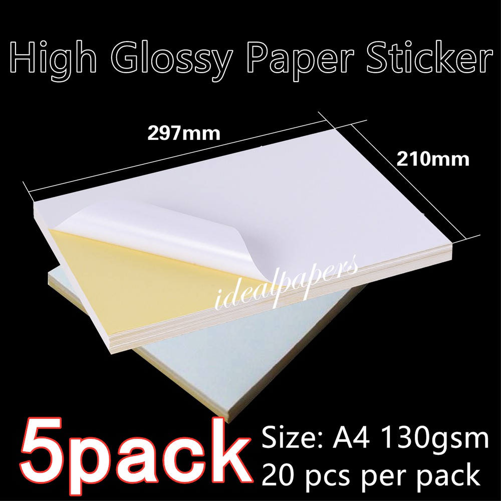 5 pack high glossy sticker paper a4 for inkjet laser printer 20pcs per ...