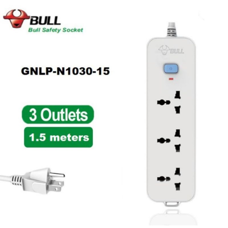 BULL GNLP-N1030 EXTENSION CORD 1.5M UNIVERSAL OUTLET SOCKET WITH SWITCH ...