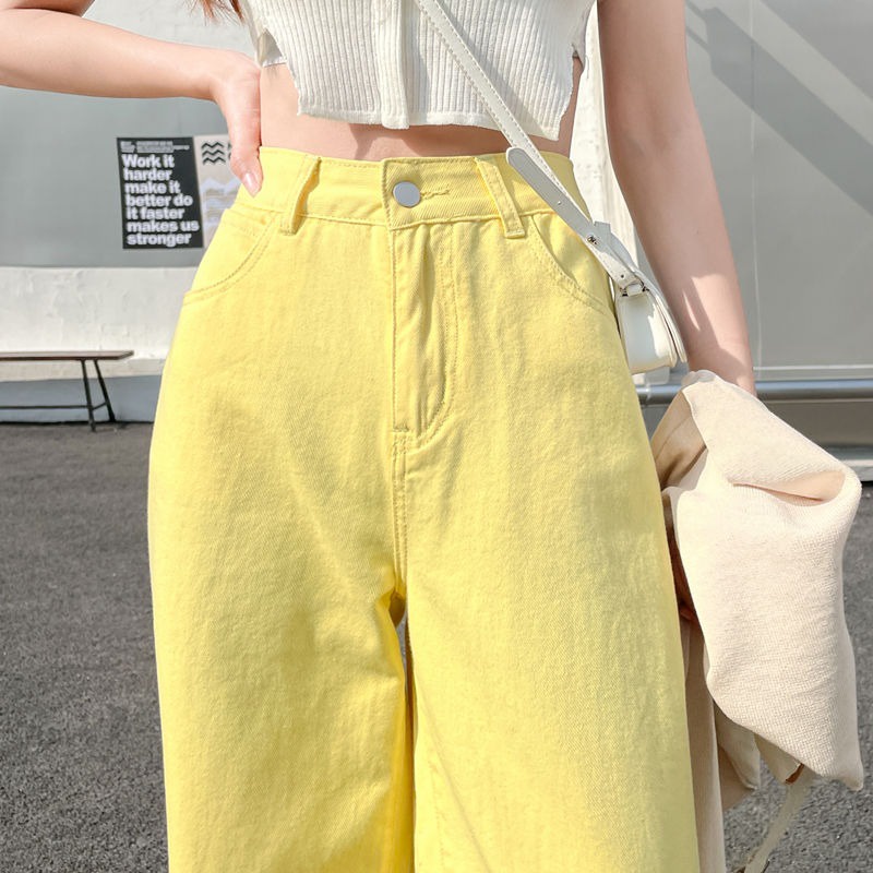 DaDuHey. Women's High Street Summer Fresh Lemon Yellow Wide Leg Jeans ...