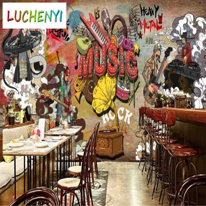 Retro Graffiti Guitar Music Theme 3D Decoration Bar KTV Club Wallpaper ...