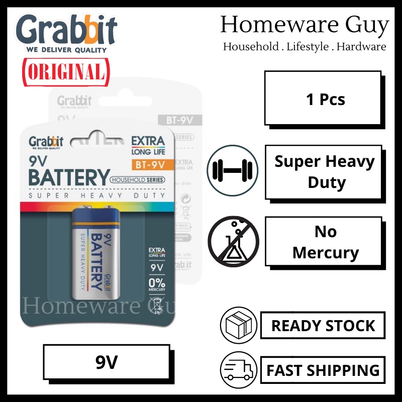 (GRABBIT) Original 9V Battery 1.5V Super Heavy Duty 9V Bateri Remote ...