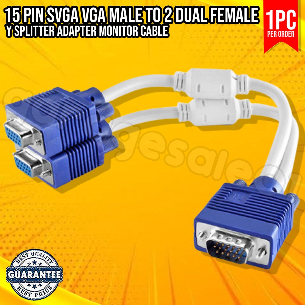 15 Pin SVGA VGA Male to 2 Dual Female Y Splitter Adapter Monitor Cable ...