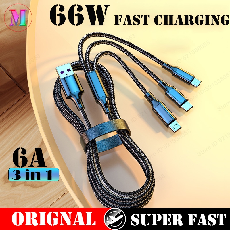 Original 6A 3in1 USB Data Cable Fast Charging Micro Type C to USB Cord ...
