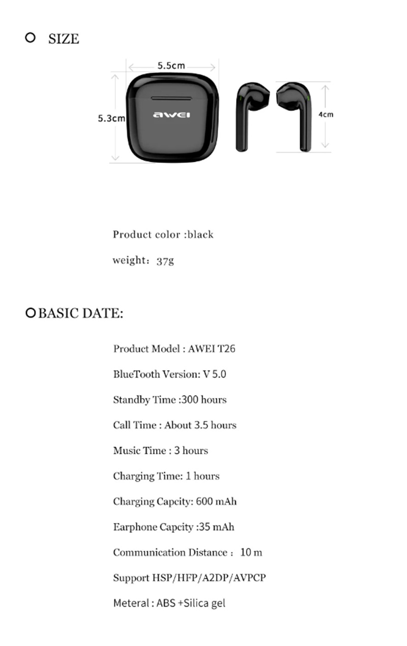 Awei T26 TWS Earbuds Stereo Sound Hifi Bass Sound Touch Control ...