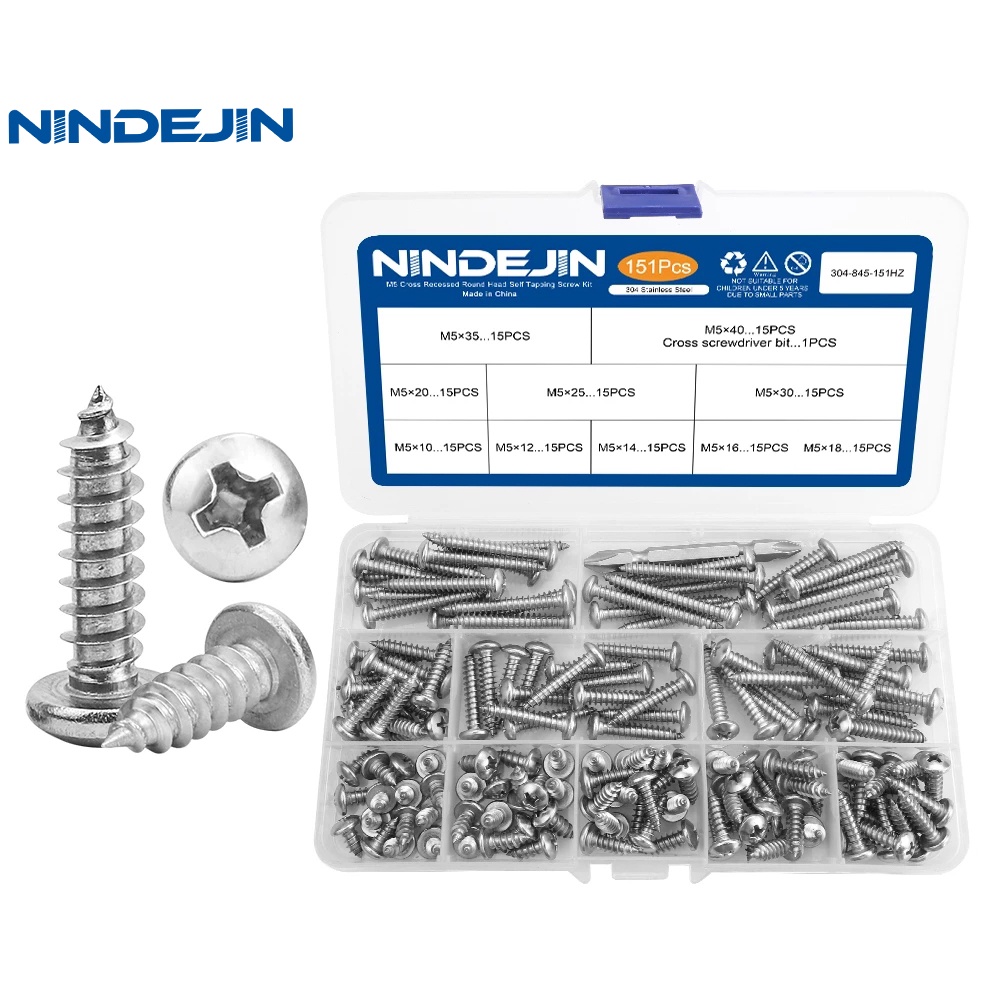 NINDEJIN Cross Recessed Round Head Self Tapping Screw Set M3 M4 M5 304 Stainless Steel Pan ...