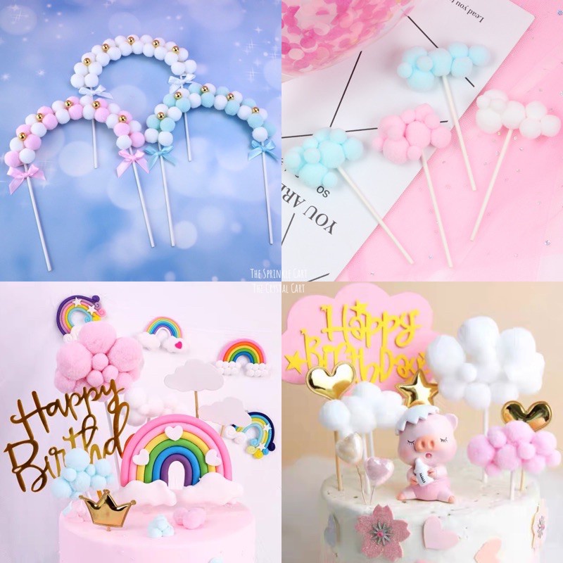 Pink Rainbow Cotton Hairball Arch Cloud Cake Topper for Baby Shower ...