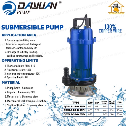 DAYUAN 0.5hp Clean water Submersible Pump QDX1.5-16-0.37FK | Shopee ...