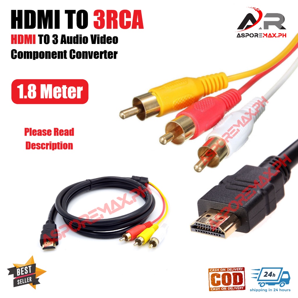 1.8M HDMI Male to 3RCA AV Composite Male M/M Connector Adapter Cable Cord One-way Transmission ...