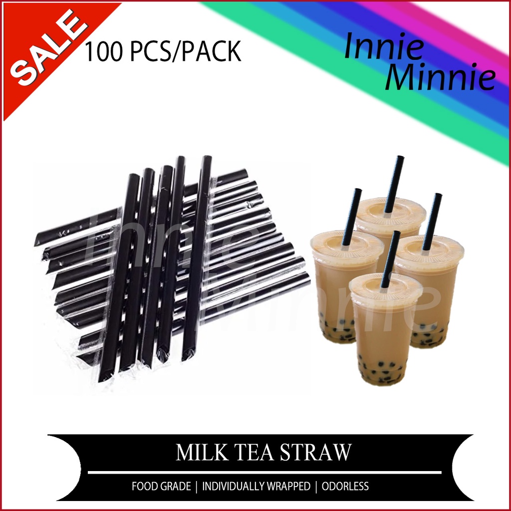 [100 pcs] MILK TEA STRAW Black / BOBBA STRAW Individually packed ...