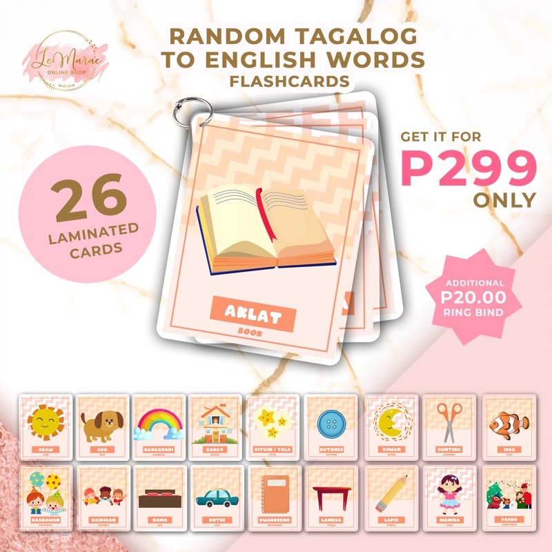 RANDOM TAGALOG FILIPINO ENGLISH WORDS Laminated Educational Flashcards ...