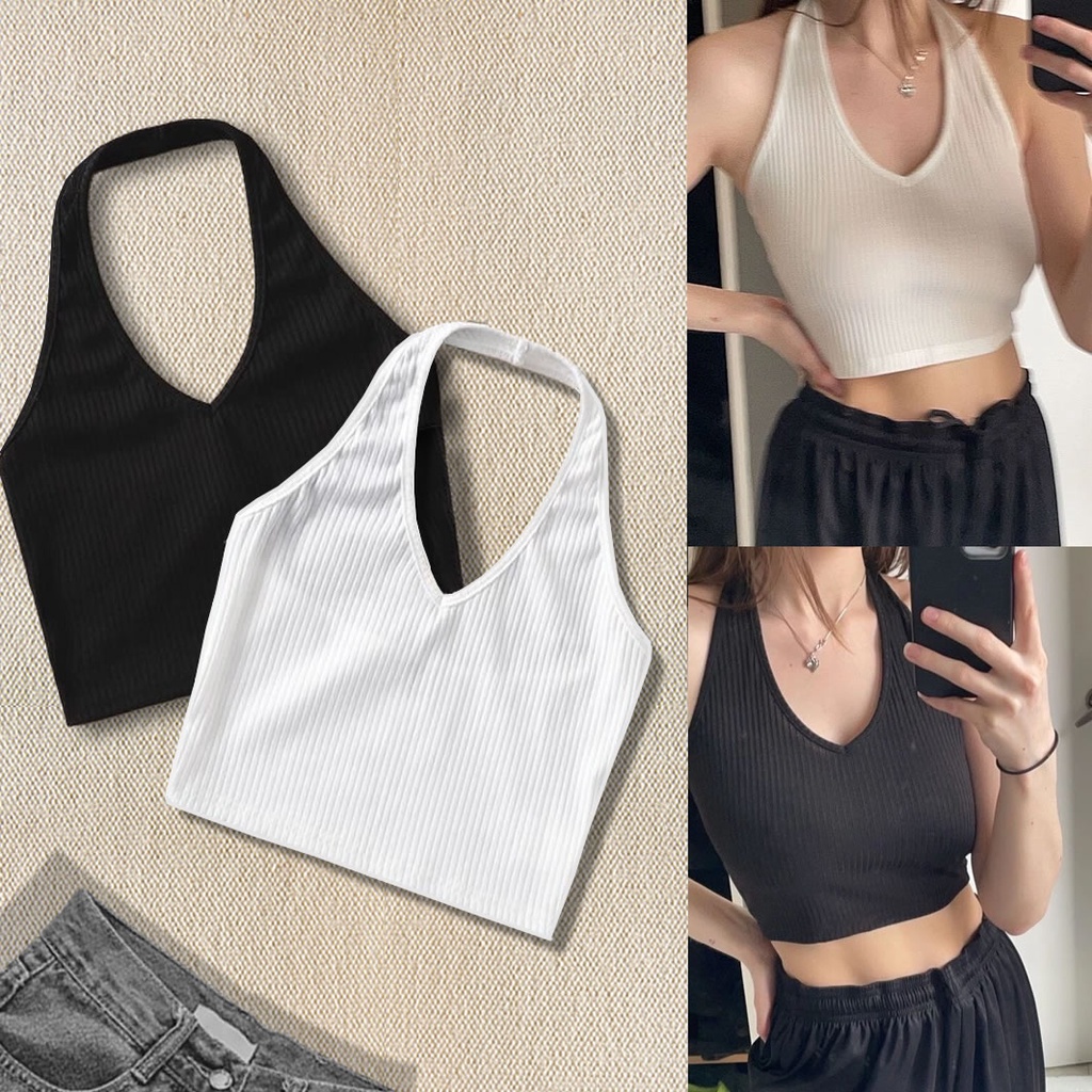 Rib Knit Plain Crop Halter Top | Shopee Philippines