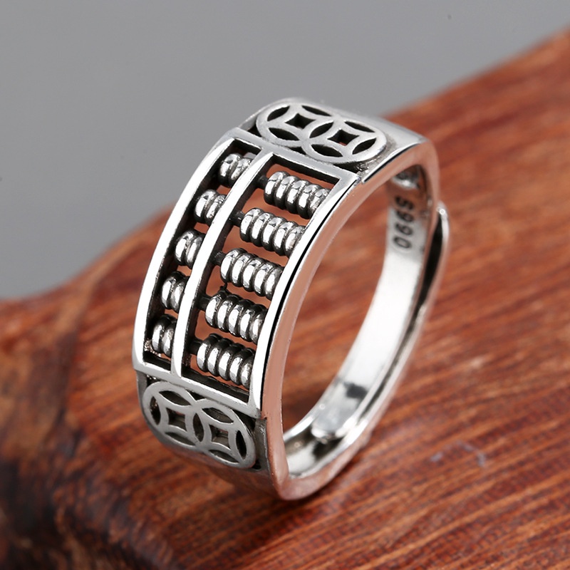 S990 Pure Silver Lucky Fortune Transfer Vintage Thai Coin Abacus Ring ...