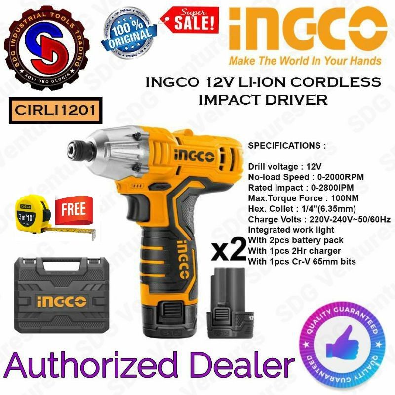 INGCO 12V Li-ion Cordless Impact Driver (CIRLI1201) with FREE 3m ...