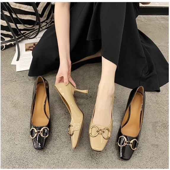 7cm square toe patent leather high heels for office Real photo video ...