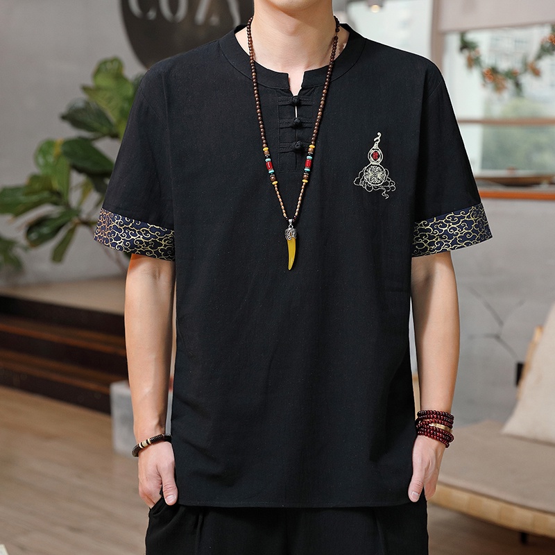 Chinese linen short sleeve t-shirt men's loose Chinese style half ...