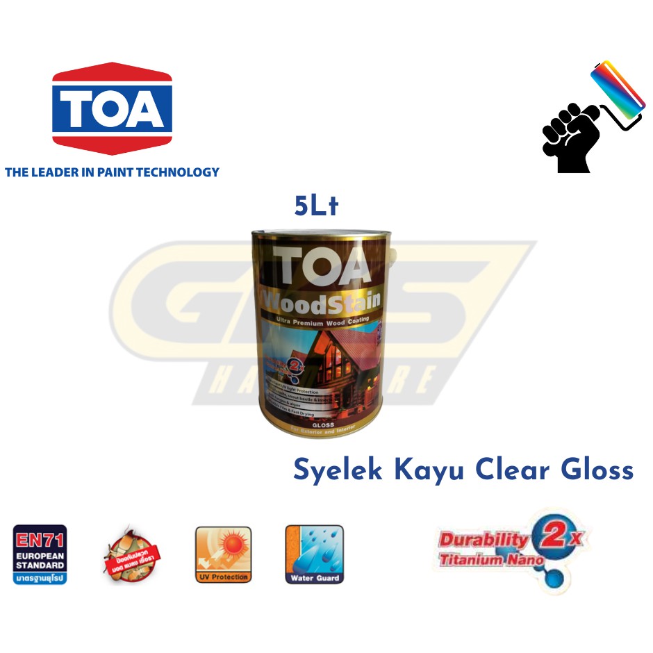 5L TOA Paint Woodstain Interior & Exterior Wood Syelek Kayu Clear Gloss ...
