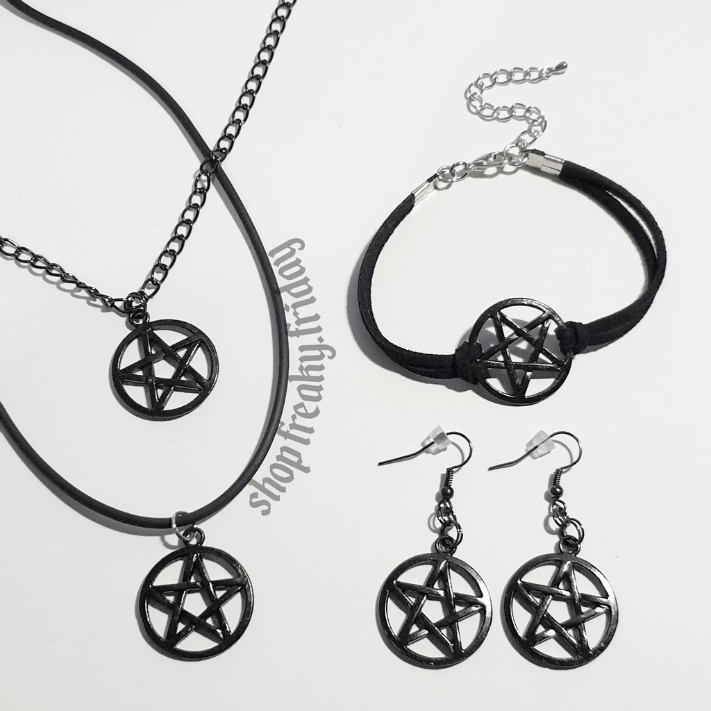Big Black Pentacle SET Charm Choker Earrings Bracelet Witchcraft Witch Pentagram Star Gothic ...