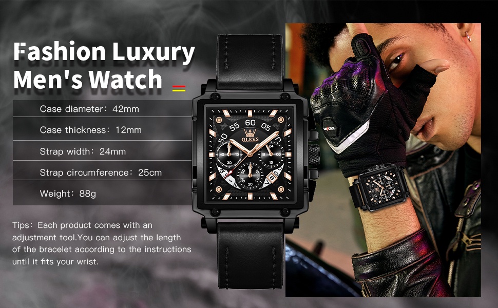 Olevs Watch For Men Water proof Original Square Chronograph Leather ...