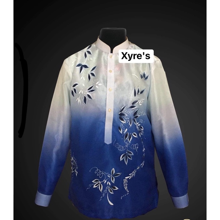 Hand Painting Blue/ Green Monochromatic Barong with Lining/ Organza ...