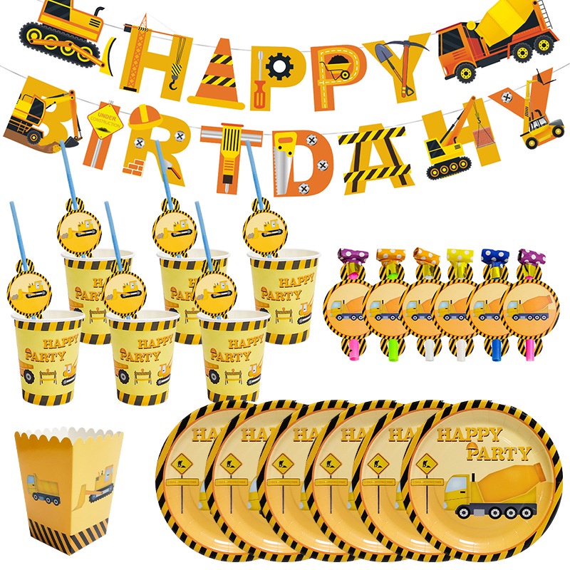 Excavator Truck Theme Birthday Party Banner Flags Cups Plates Cake ...