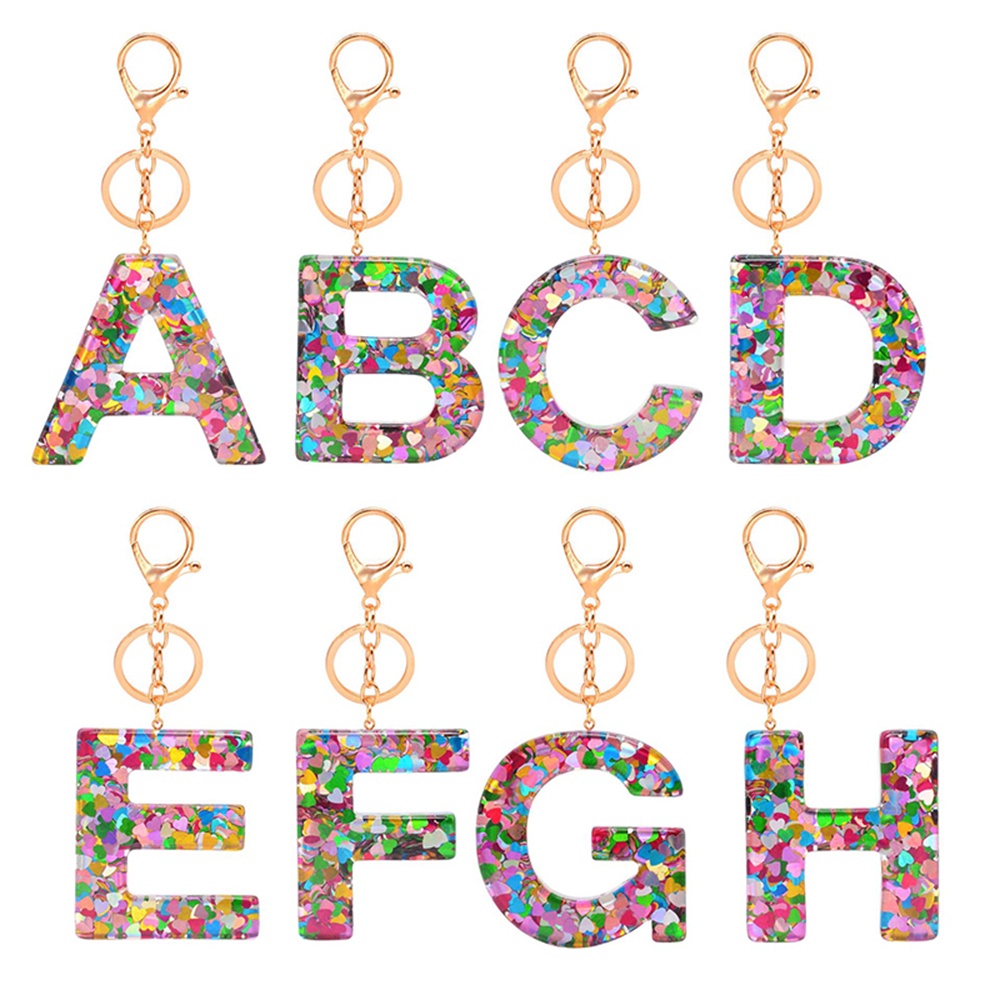 New 26 Letter Keychains Colorful Love Heart Sequins Resin Key Chain ...