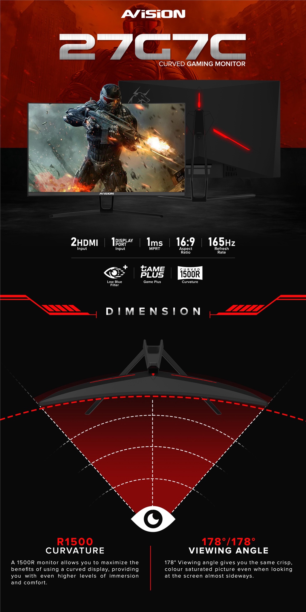 Avision 27inch 165Hz 1920x1080 16:9 (MPRT 1ms) Full HD Curved 1500R ...