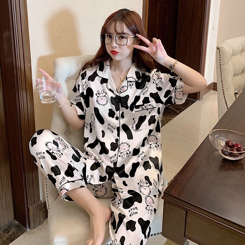 Women Pyjamas Satin Silk Sleep Wear Cow Print Short Sleeve Summer ...