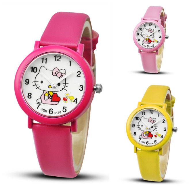 Hello Kitty Girls Watch Cartoons Cute Kids Watches Leather Strap Wrist ...