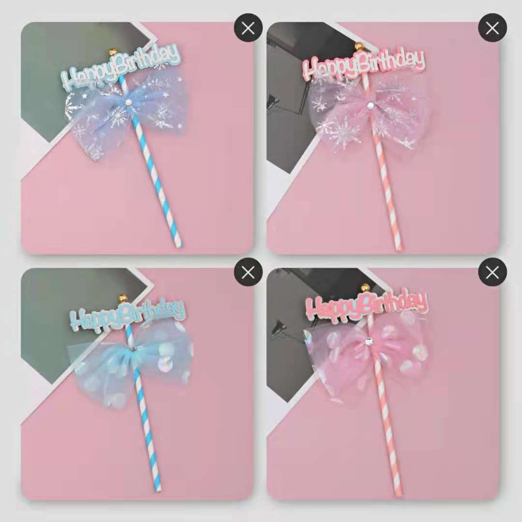 Ins Gauze Bowknot Straw Happy Birthday Cake Topper Plug In Baking Props