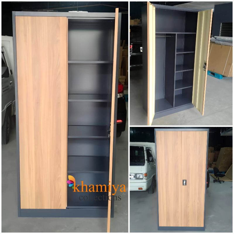 Metal Wardrobe Cabinet Wood Finish, Locker with Hanger Rod, Cupboard ...
