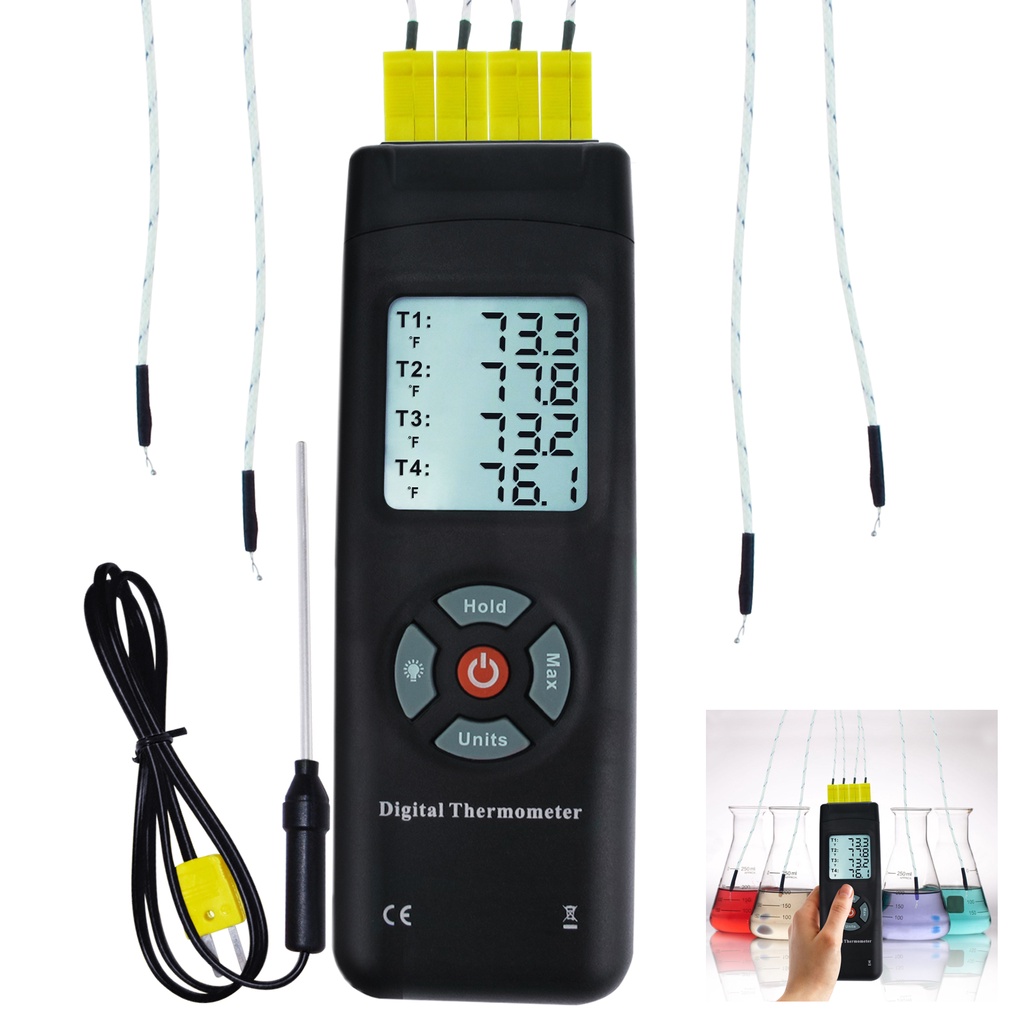 Digital Thermometer 4 Channel K-Type Thermocouples with K-Type Metal ...
