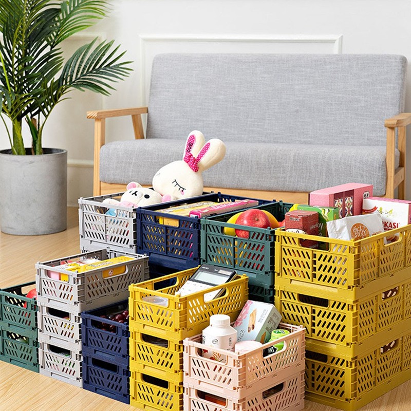Folding Collapsible Plastic Storage Crate Box Stackable Home Kitchen ...