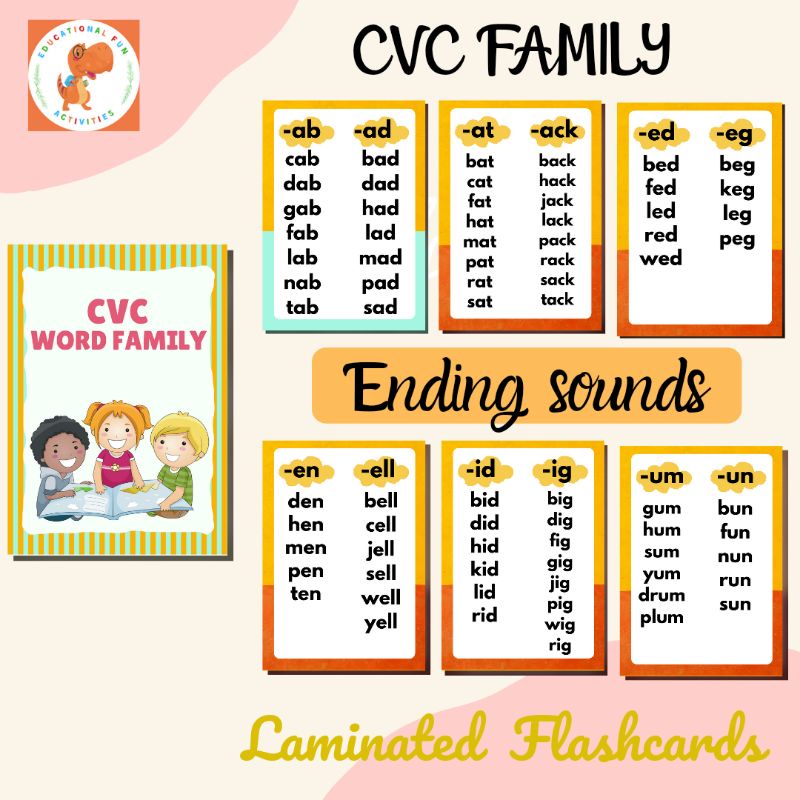 cvc family ending sounds educational laminated flash cards | Shopee ...