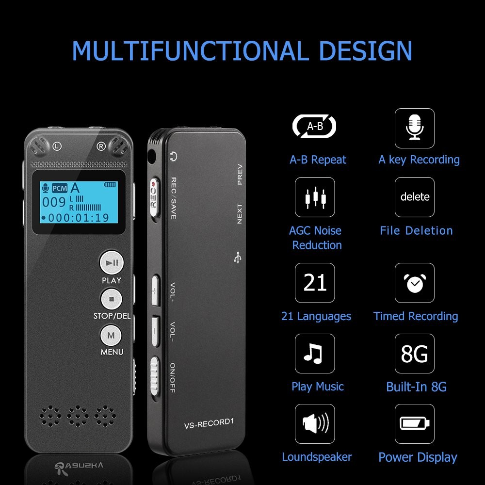 Digital Voice Recorder 3072Kbps Dictaphone, 8GB Double Microphone, AGC ...
